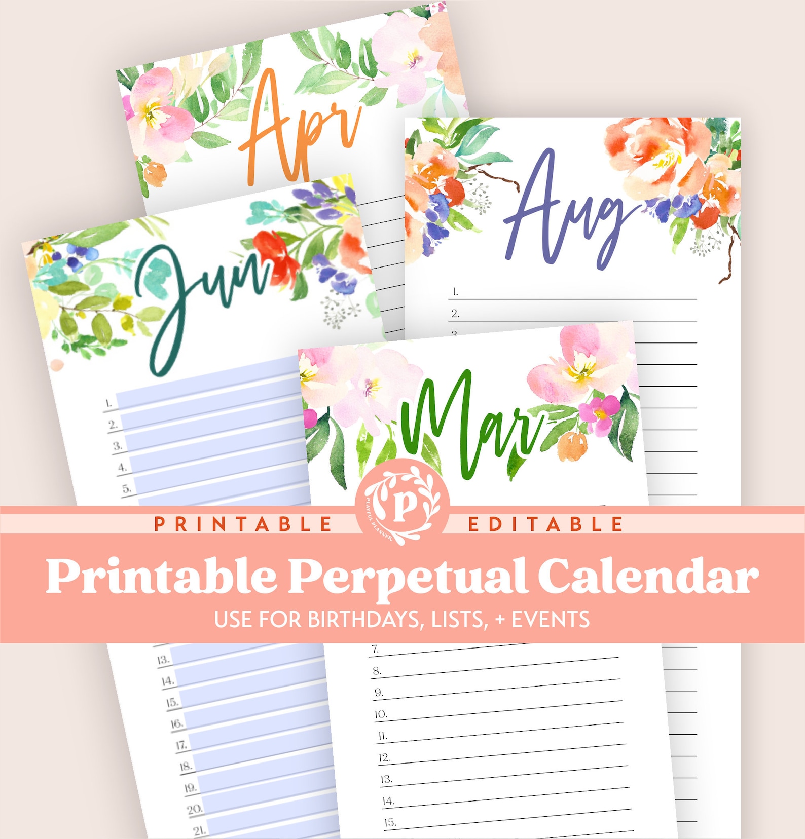 Printable Perpetual Calendar Editable Text Fields Birthday | Etsy