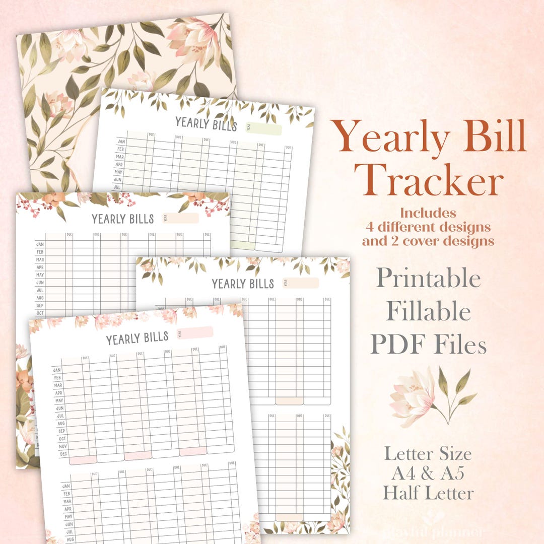 Printable Yearly Bill Tracker: Floral Fillable PDF (A4, A5, Letter) - Etsy