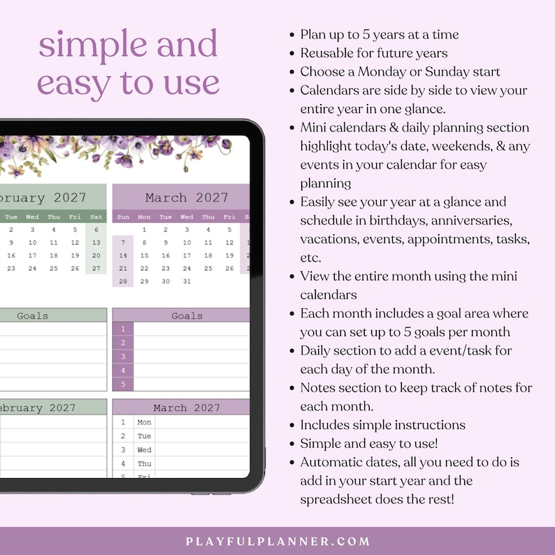 Year at a Glance Google Sheets Calendar | 5-year Planner (2026–2030 ...