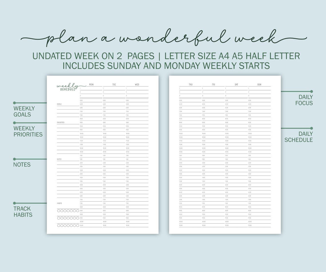 Printable Weekly Schedule: Fillable Hourly Planner (a4/a5/letter) (PDF ...