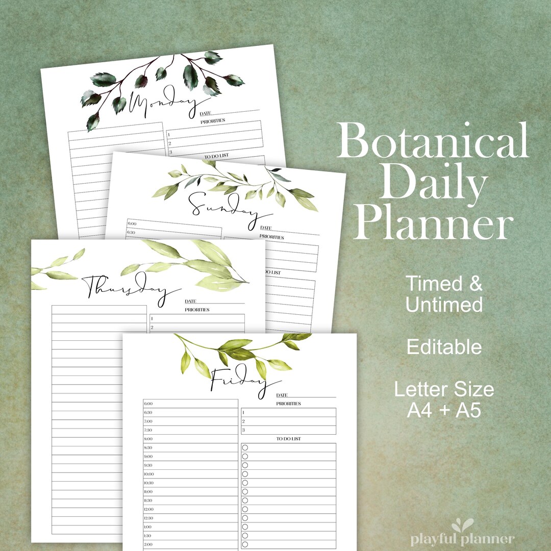 Botanical Daily Planner Bundle: Timed & Untimed, A4 A5 Letter (editable ...