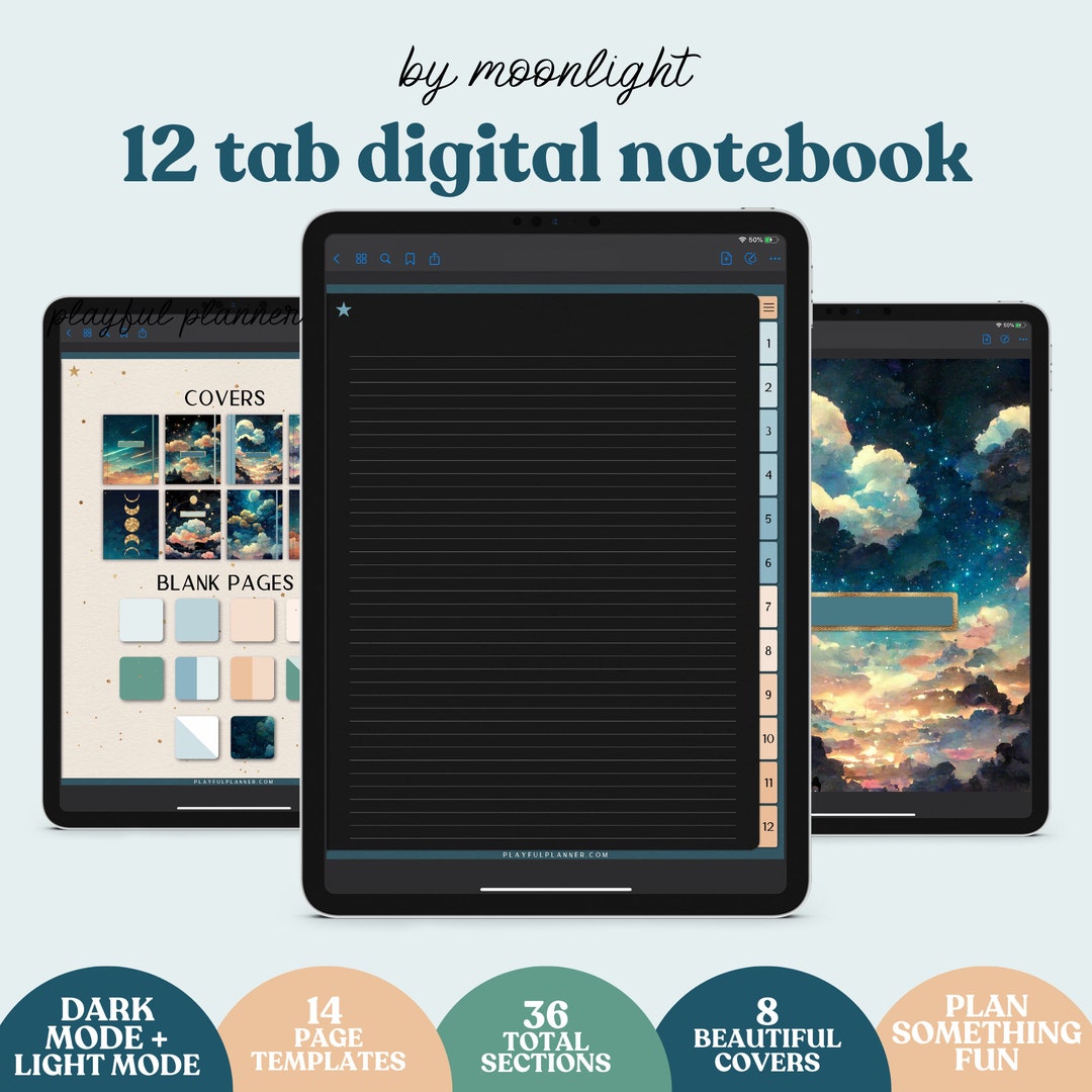 12 Tab Digital Notebook in Dark Mode and Light Mode With 14 Note Page ...