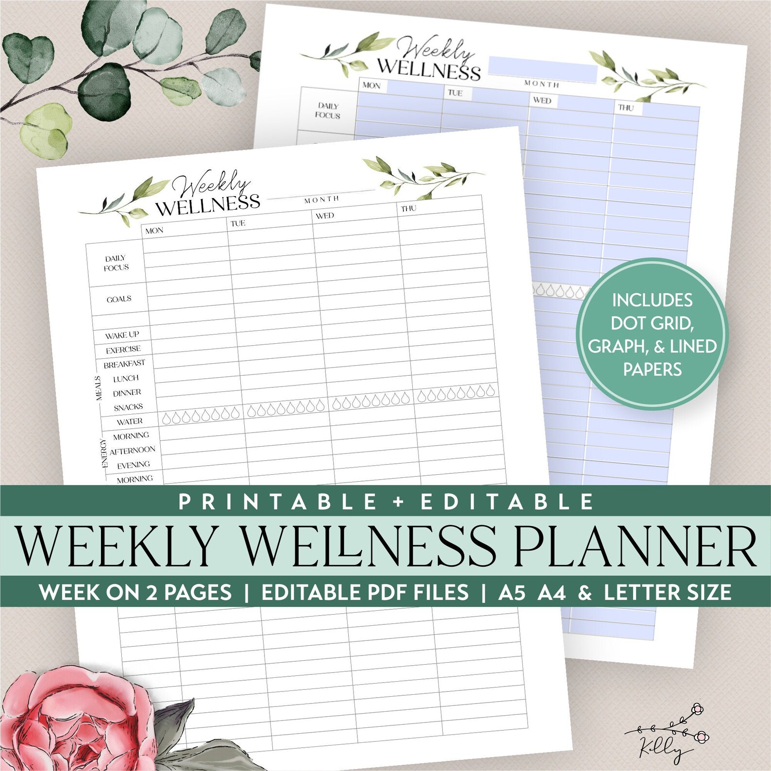 Weekly Wellness Editable Tracker Printable Planner Insert - Etsy