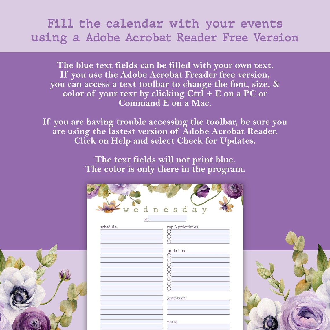 Purple Daily Planner Printable: Fillable PDF, A4 A5 Letter Sizes ...