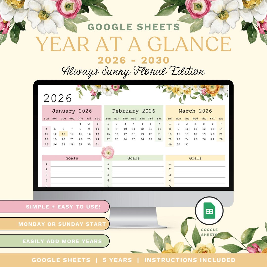 Year at a Glance Google Sheets Calendar | 5-year Planner (2026–2030 ...
