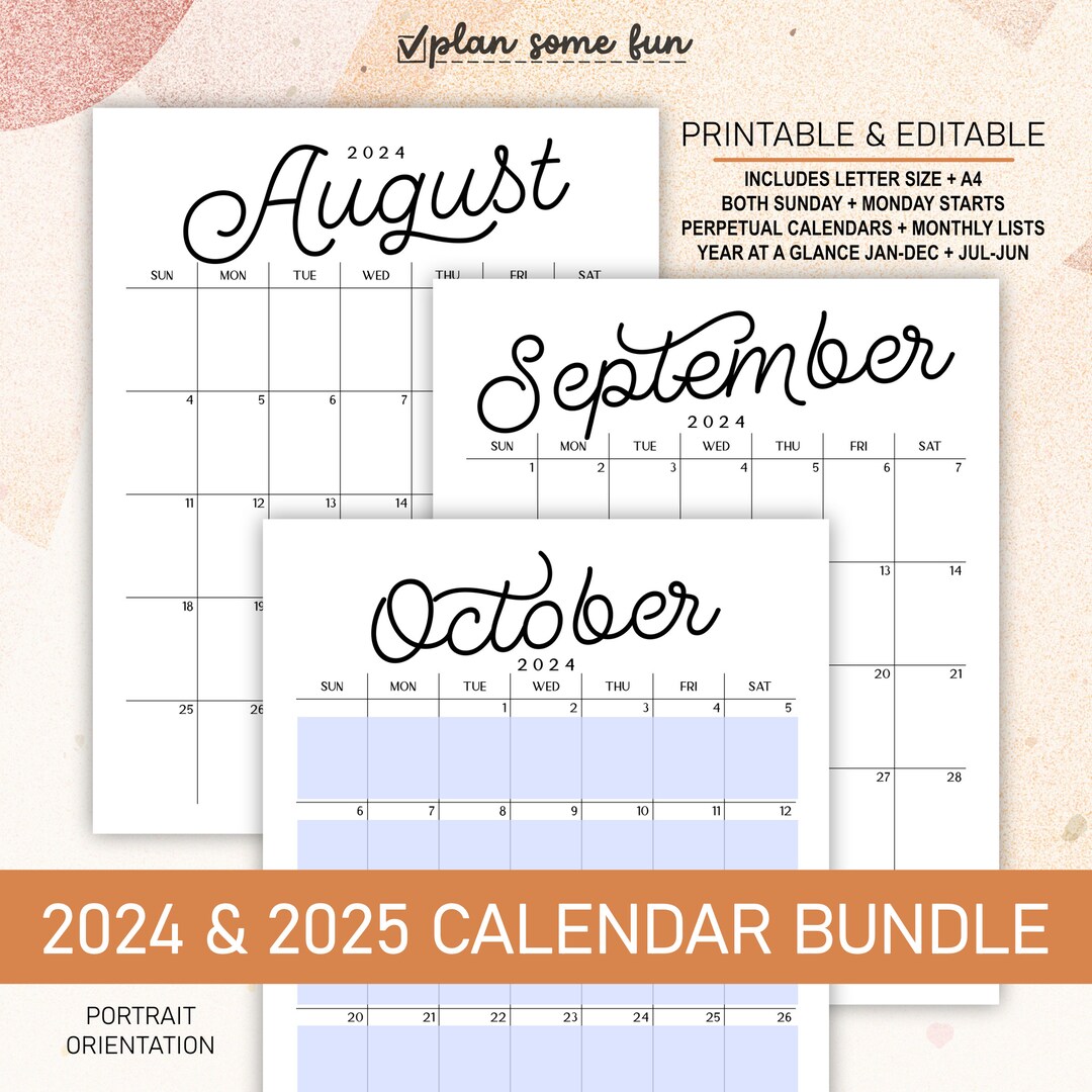 2024 2025 Calendar Bundle Printable Editable Portrait Monthly, Year at ...