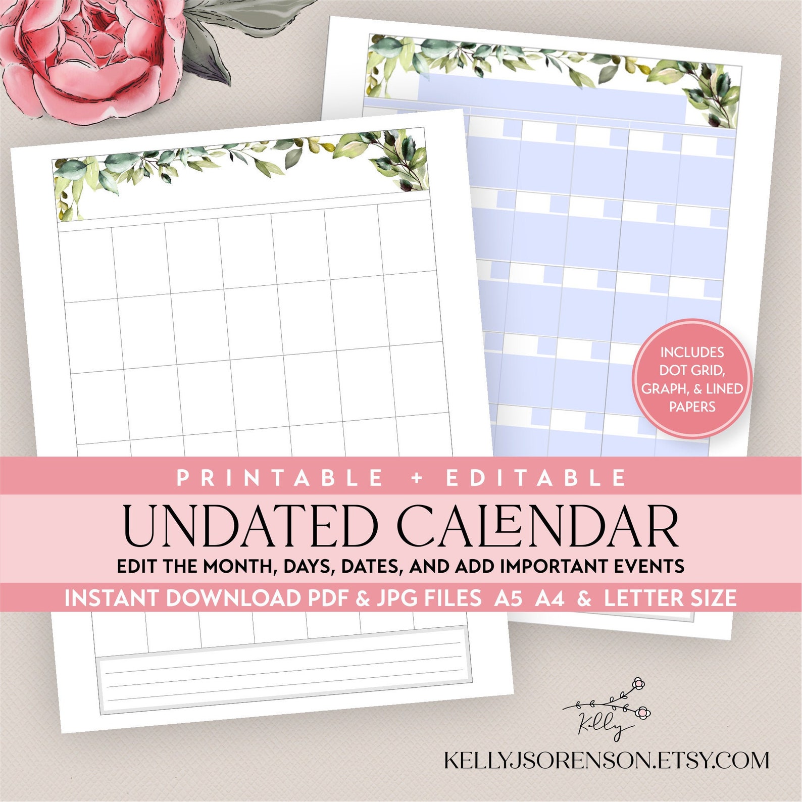 Editable Undated Monthly Calendar Printable Planner Insert in - Etsy