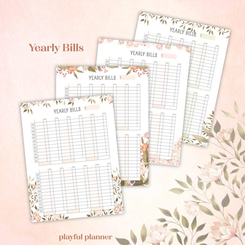 Printable Yearly Bill Tracker: Floral Fillable PDF (A4, A5, Letter) - Etsy