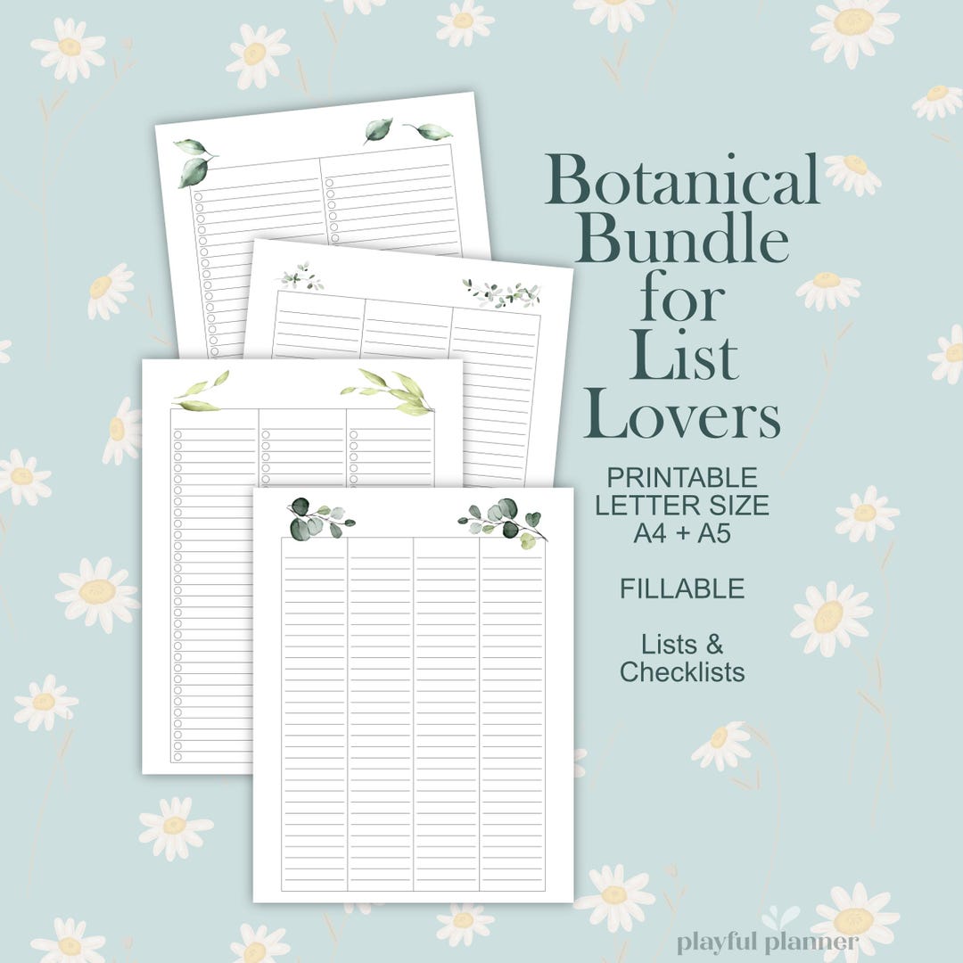 Botanical To-do List Printable Bundle: Checklist & Note Pages (digital ...