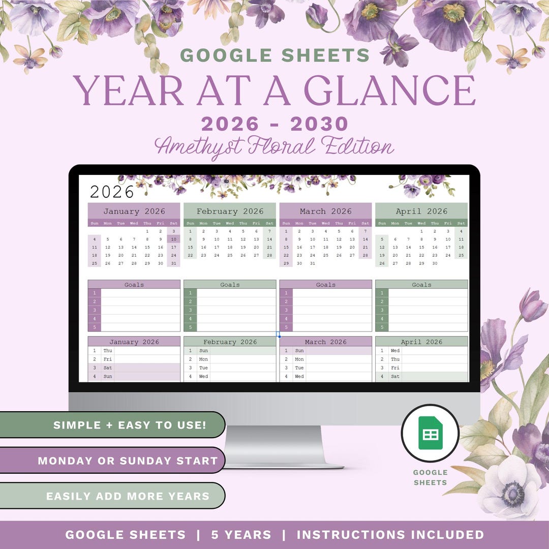 Year at a Glance Google Sheets Calendar | 5-year Planner (2026–2030 ...