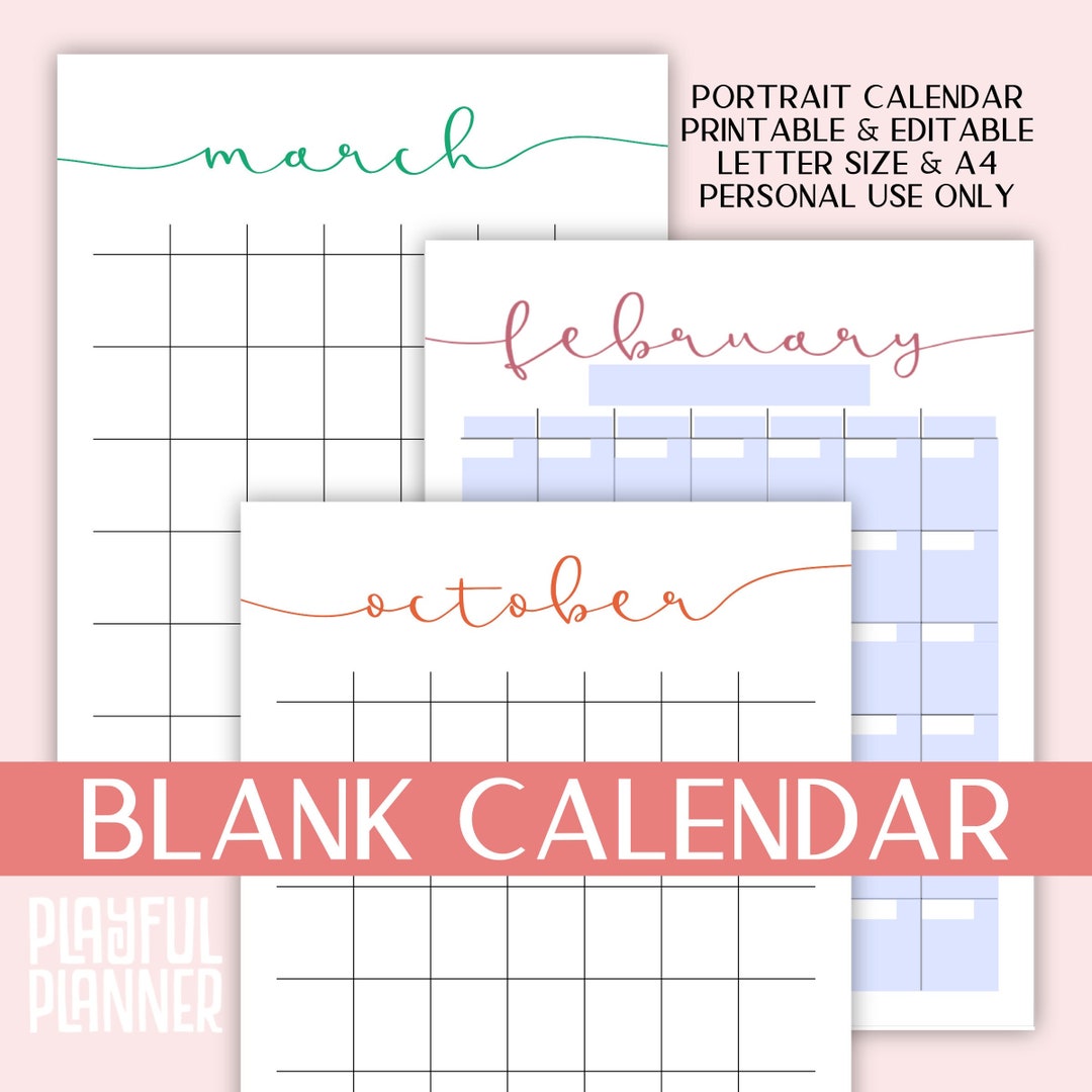 Undated Blank Monthly Calendar, Editable Printable in Sizes A4 Letter ...