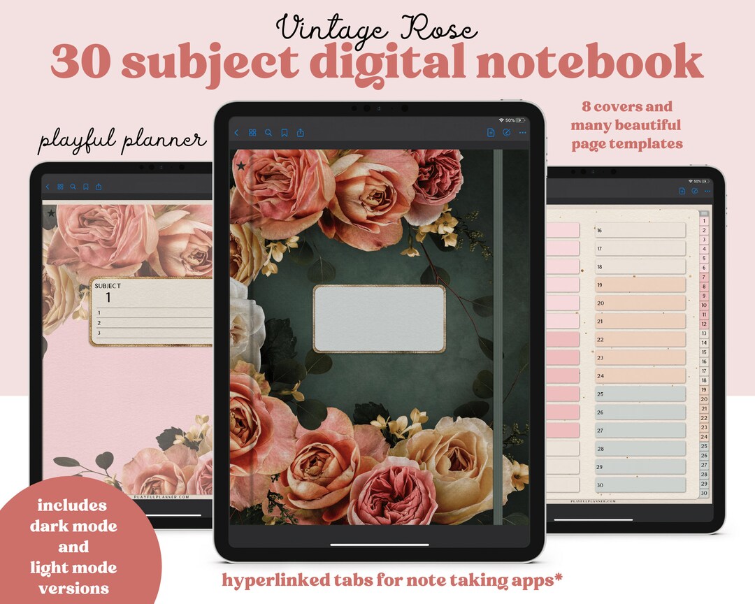 30-subject Digital Notebook: Floral Covers, Hyperlinked Tabs (PDF ...