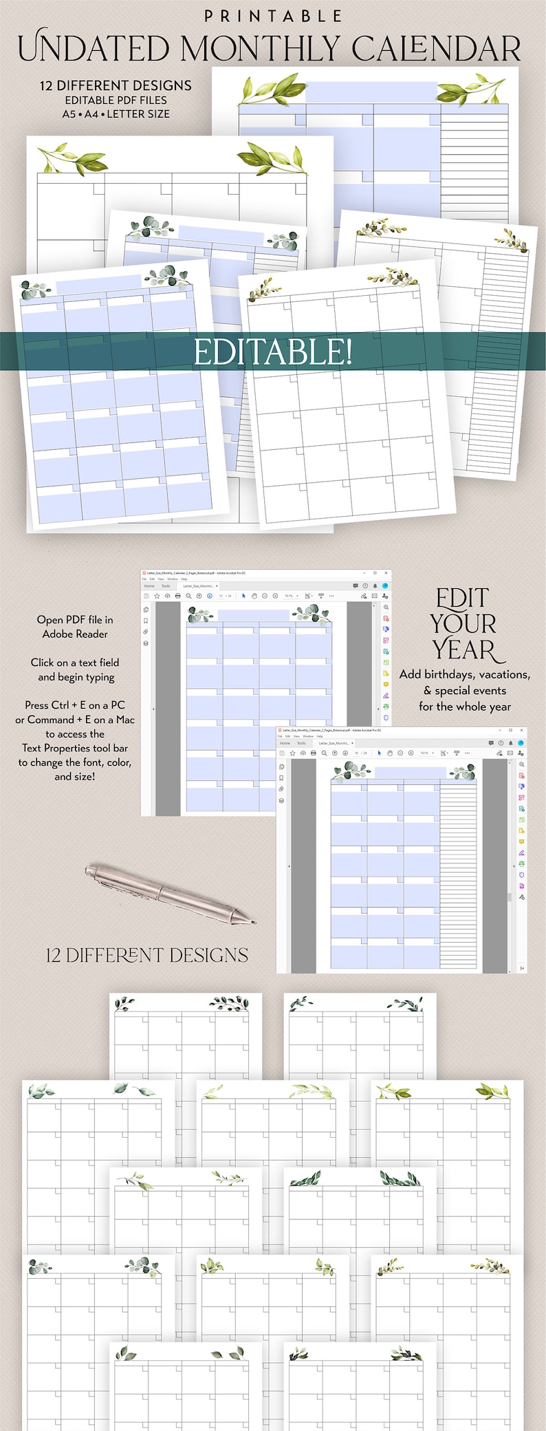Botanical Planner Printable Bundle: Daily, Weekly, Monthly (editable ...