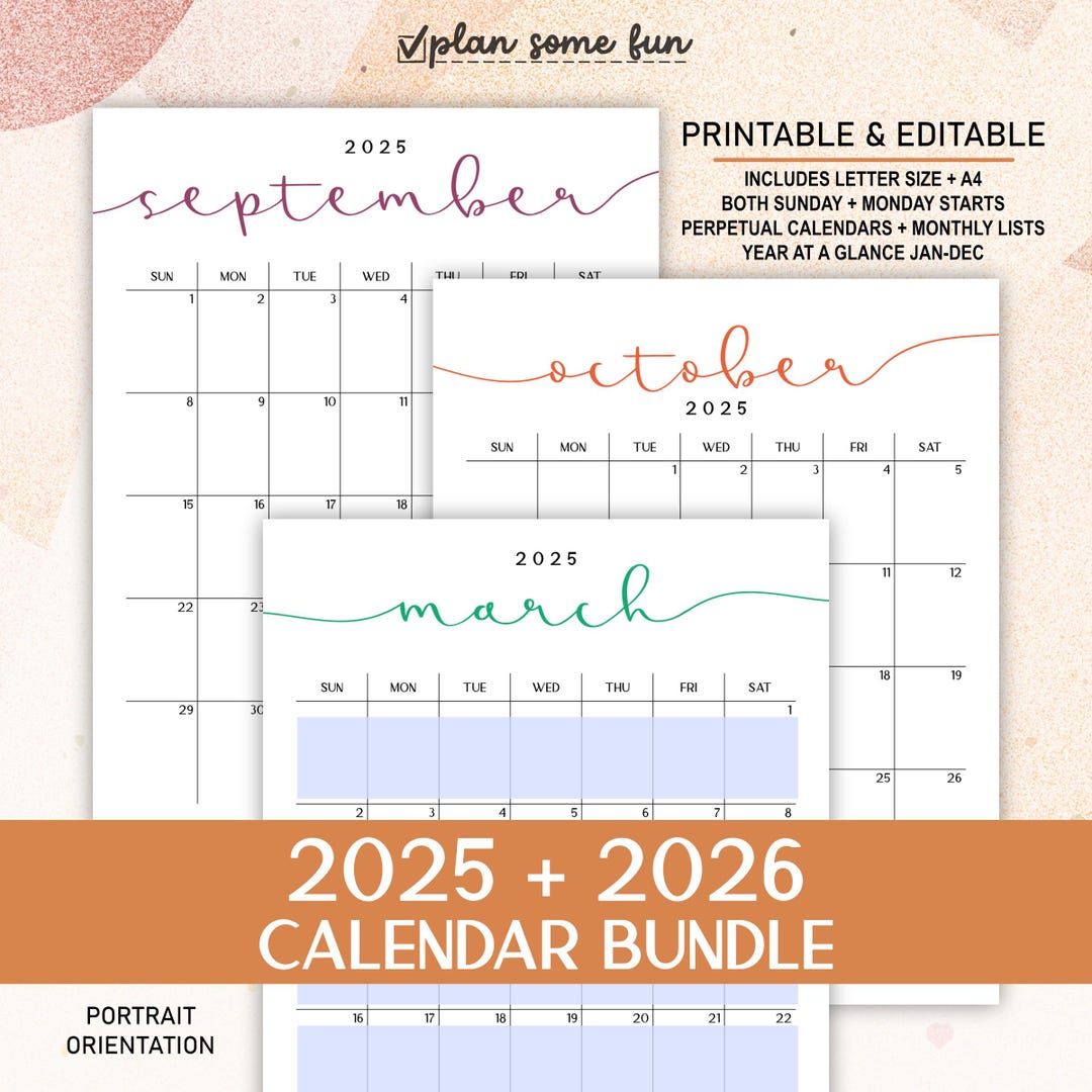 2025 2026 Calendar Bundle | Printable Editable Portrait Monthly ...