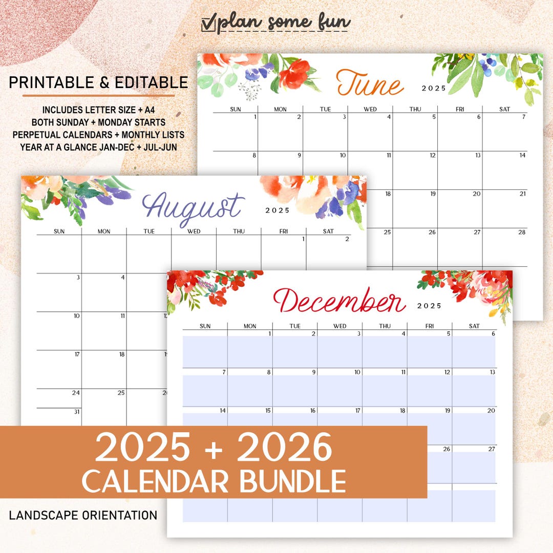 2025 2026 Printable Editable Calendar Bundle Includes Monthly Calendars ...