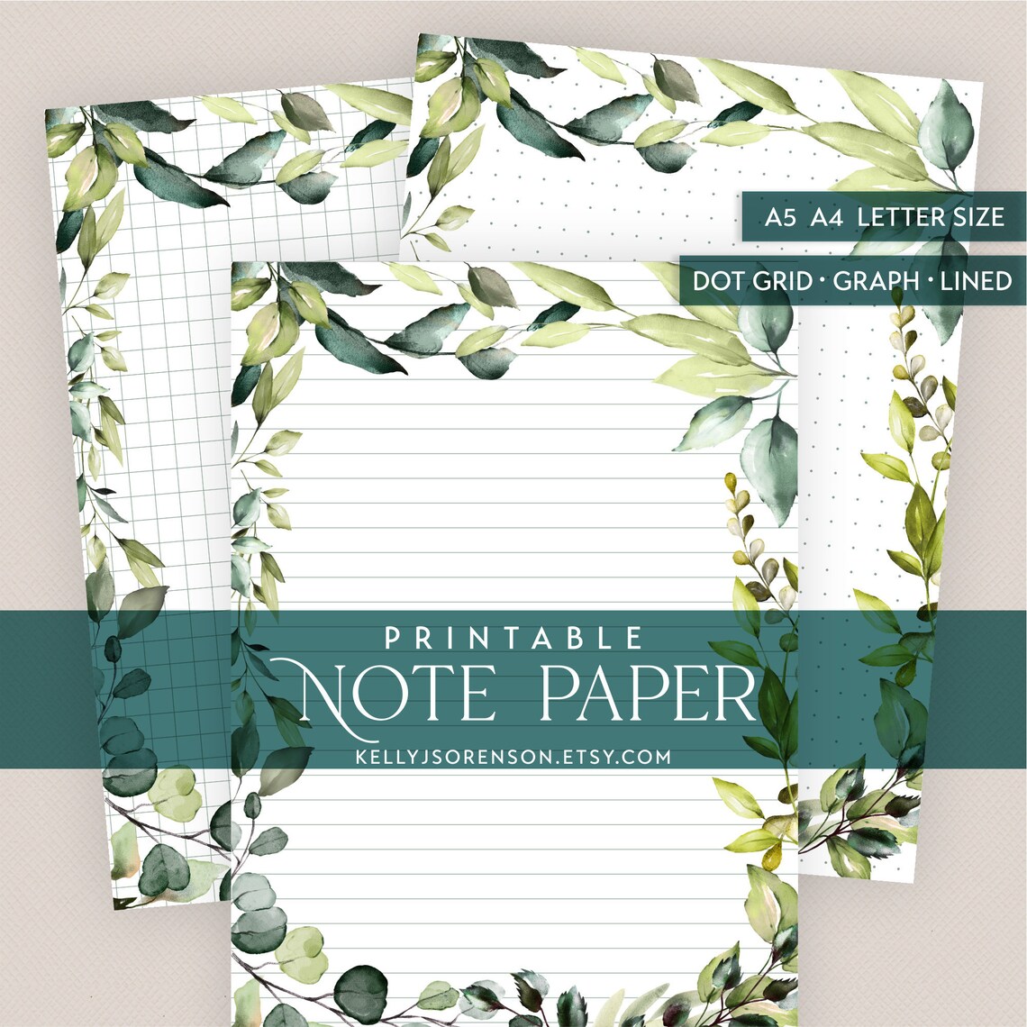 Printable Botanical Note Paper Lined Graph & Dot Grid in - Etsy