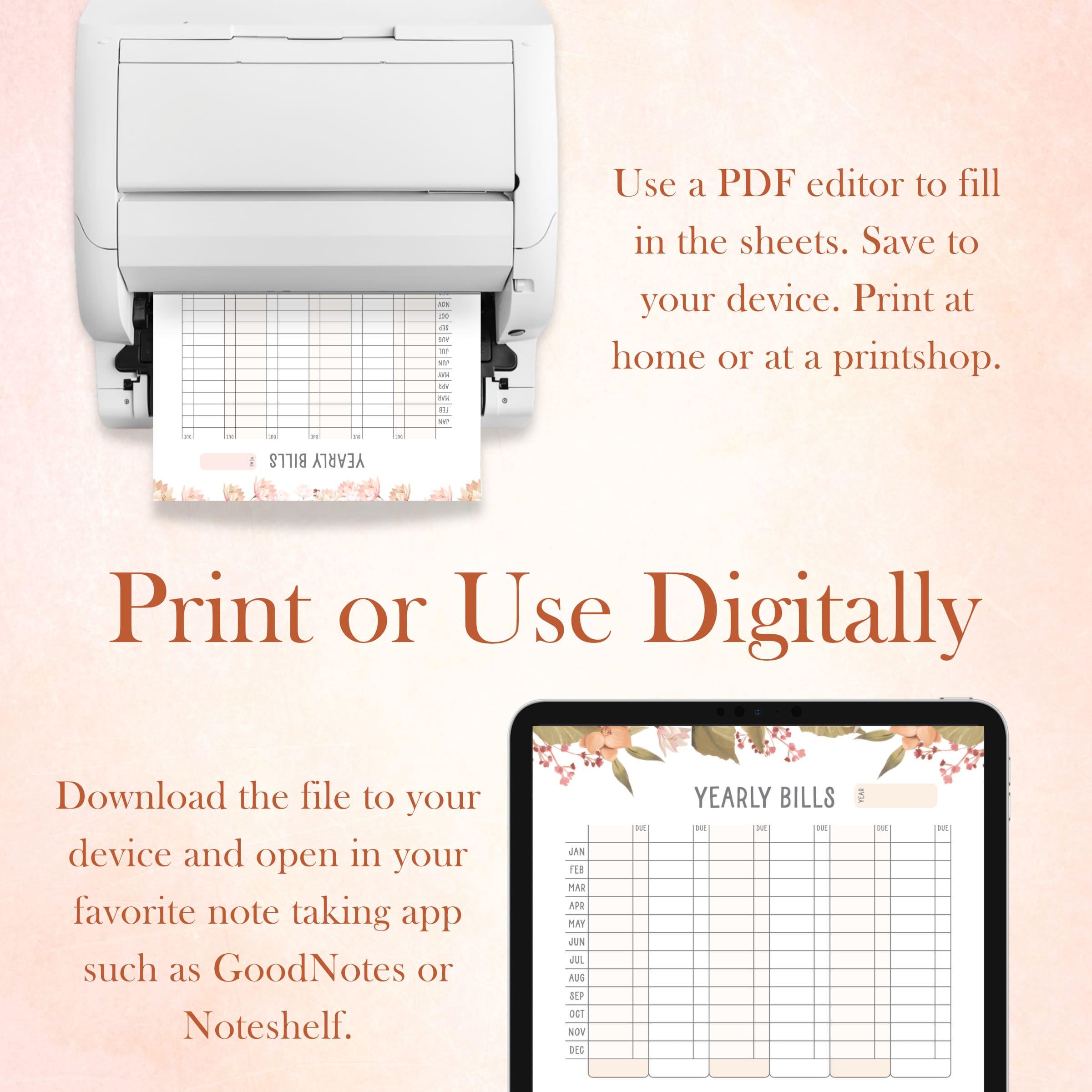 Printable Yearly Bill Tracker: Floral Fillable PDF (A4, A5, Letter) - Etsy