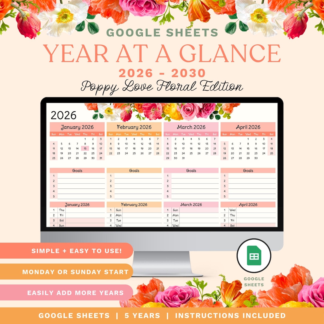Year at a Glance Google Sheets Calendar | 5-year Planner (2026–2030 ...