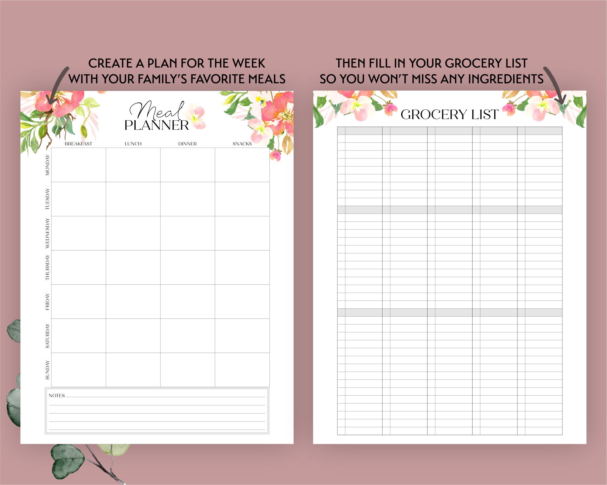 Printable Meal Planner & Grocery List Bundle Editable PDF | Etsy