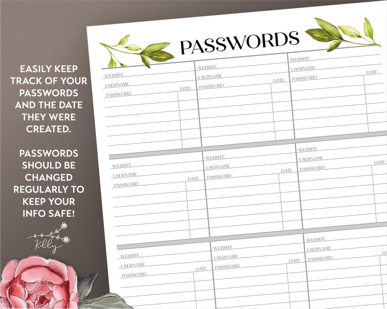 Botanical Password Tracker Printable: A4, A5, Letter Sizes (digital ...