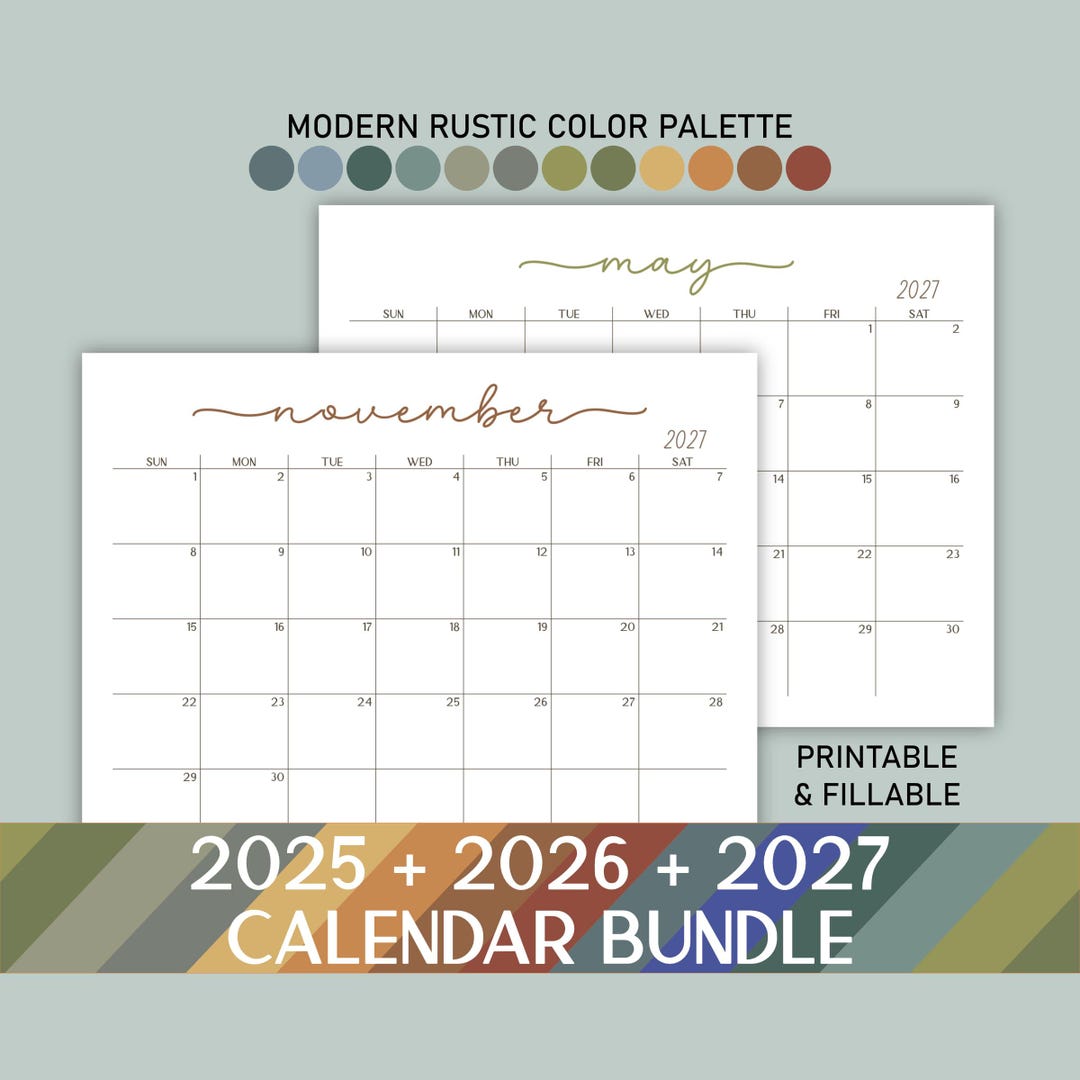 2025 2026 2027 Printable Editable Calendar Bundle Landscape Monthly ...