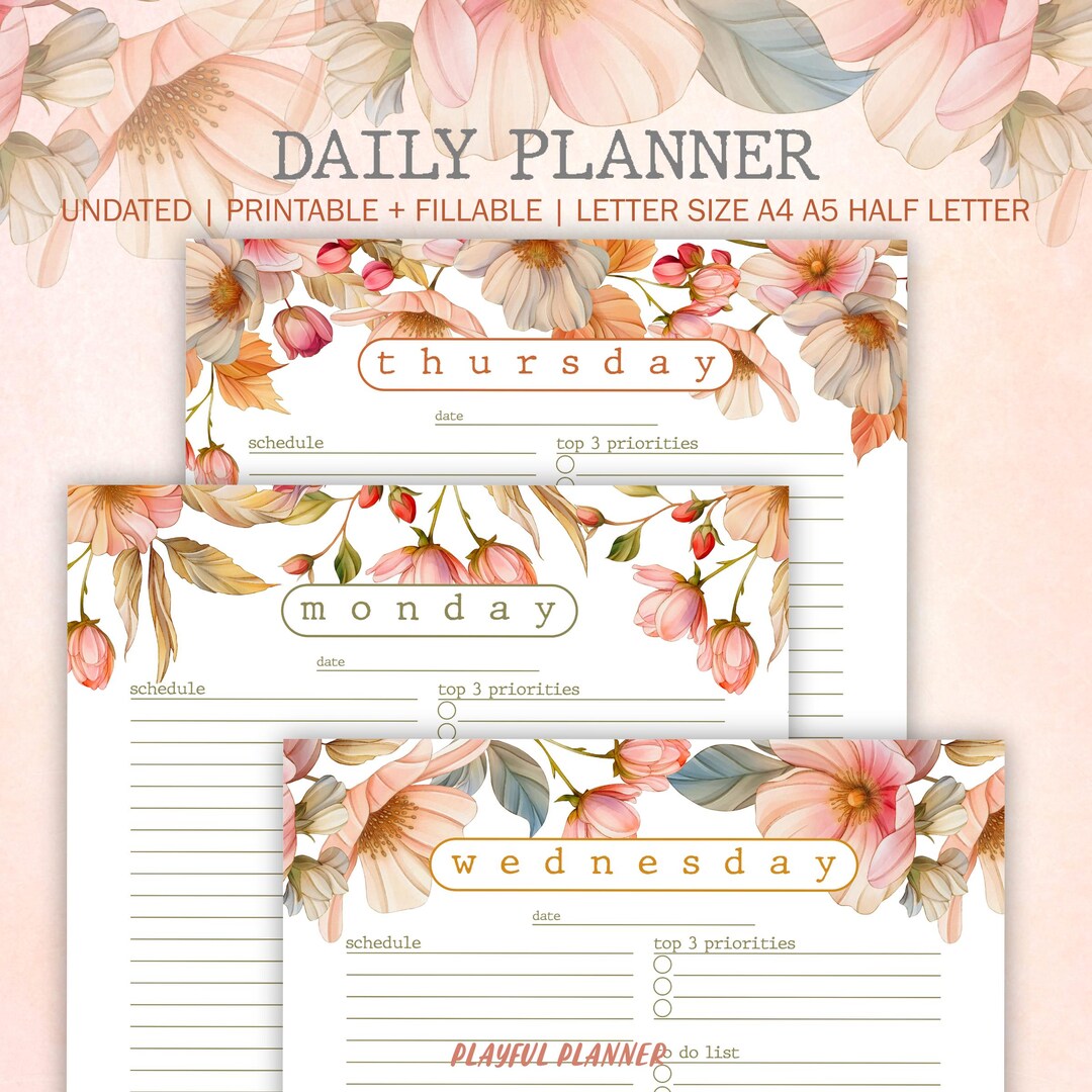 Floral Daily Planner Printable: Fillable PDF, A4 A5 Letter Sizes ...