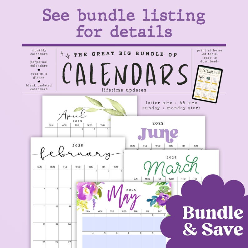 2026-2027 Purple Floral Calendar Bundle: Editable Printable (a4/letter ...