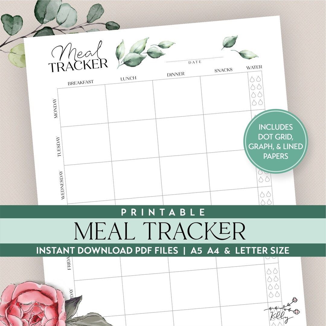 Meal Tracker Printable Planner Insert Includes in Sizes A5 A4 & Letter ...
