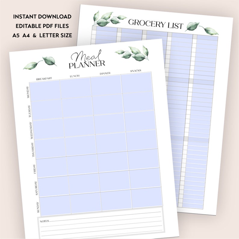 Editable Meal Planner & Grocery List Printable Bundle in Sizes - Etsy