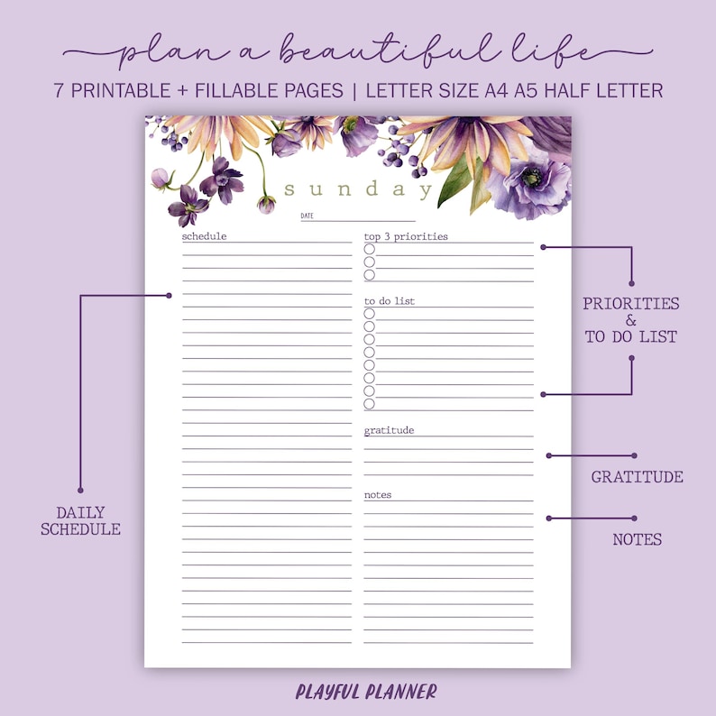 Purple Daily Planner Printable: Fillable PDF, A4 A5 Letter Sizes ...