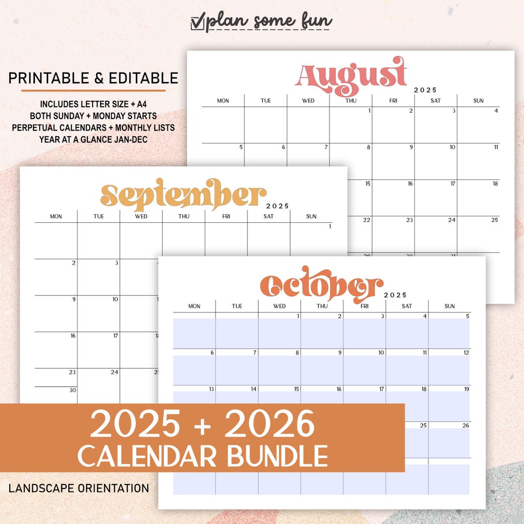 2025 2026 Calendar Bundle | Printable Editable Landscape Monthly ...