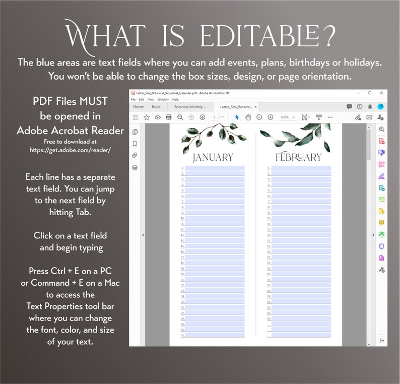 Editable Botanical Printable Perpetual Calendar Watercolor | Etsy Canada