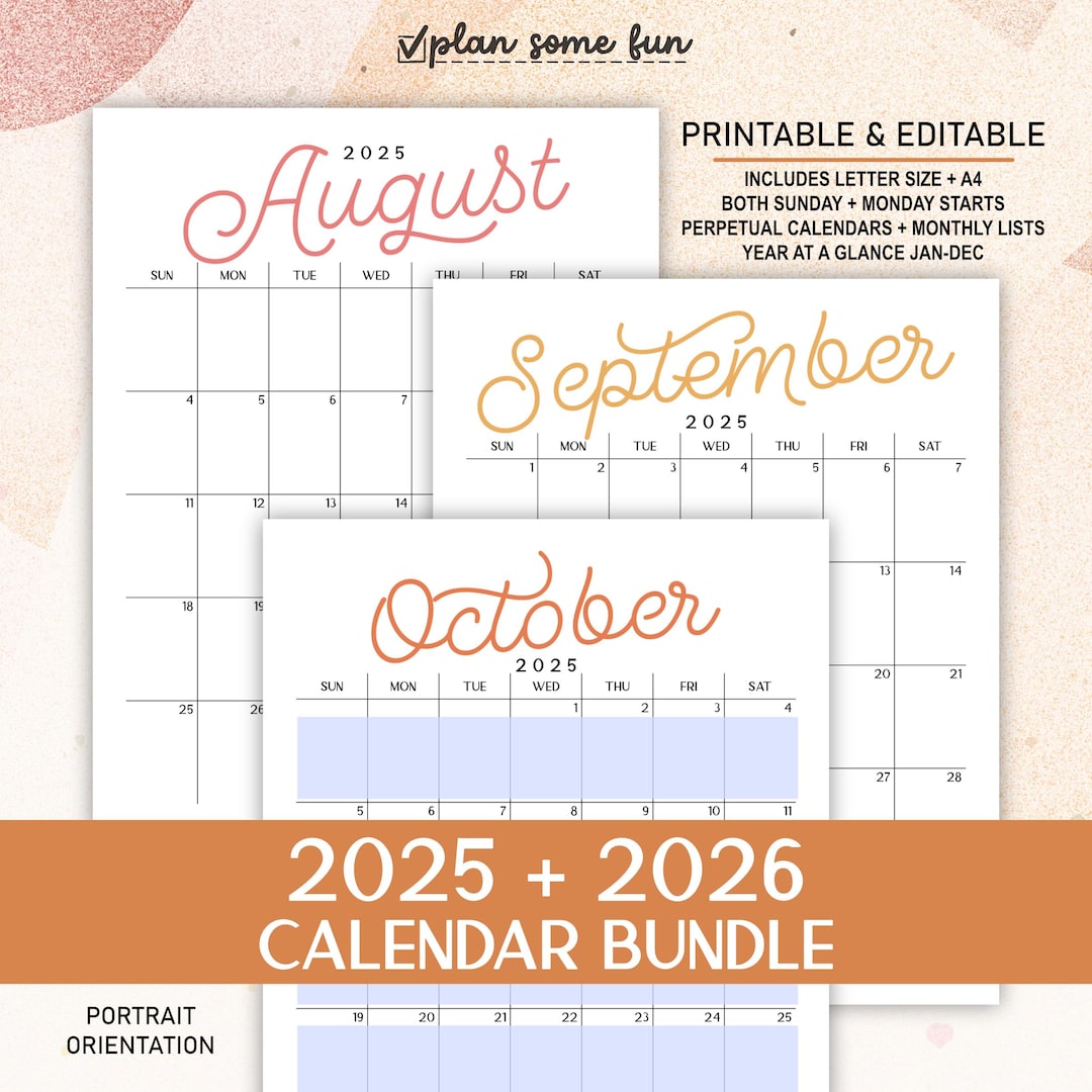 2025 + 2026 Calendar Bundle | Printable Editable Portrait Monthly ...