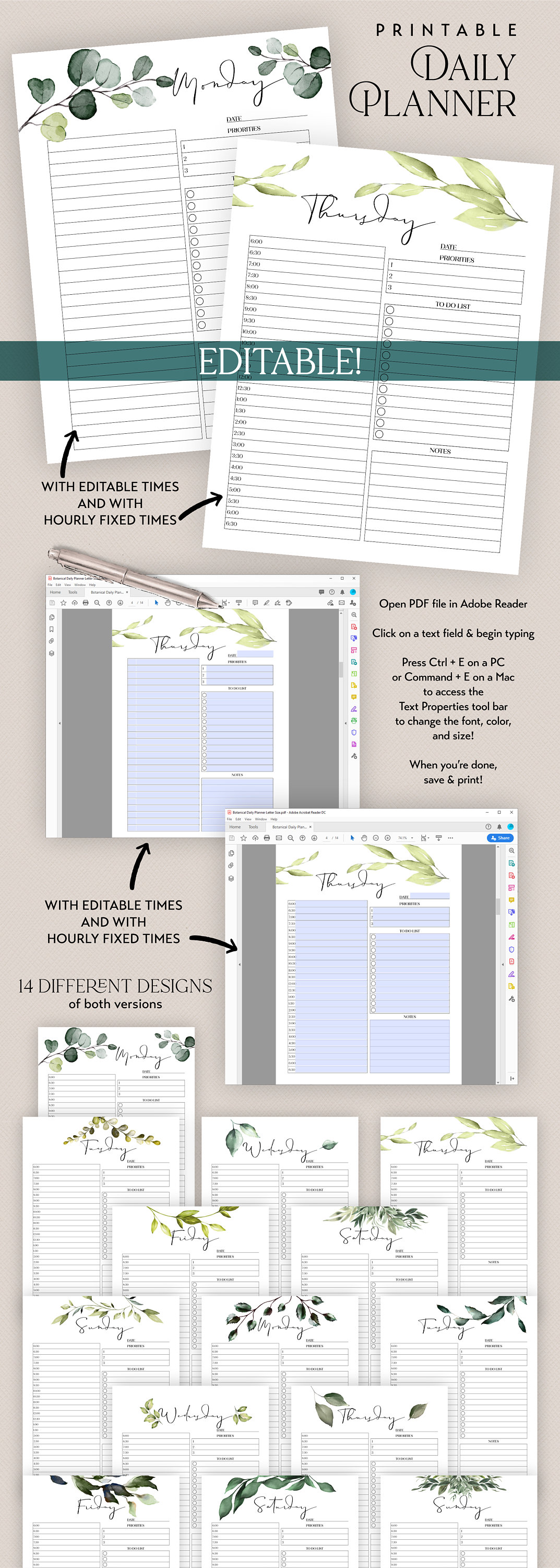 Botanical Planner Printable Bundle: Daily, Weekly, Monthly (editable ...