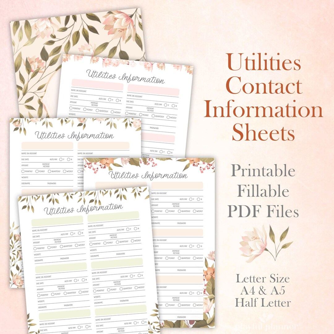 Printable Utilities Contact Info Sheet Fillable PDF Expense Worksheet ...