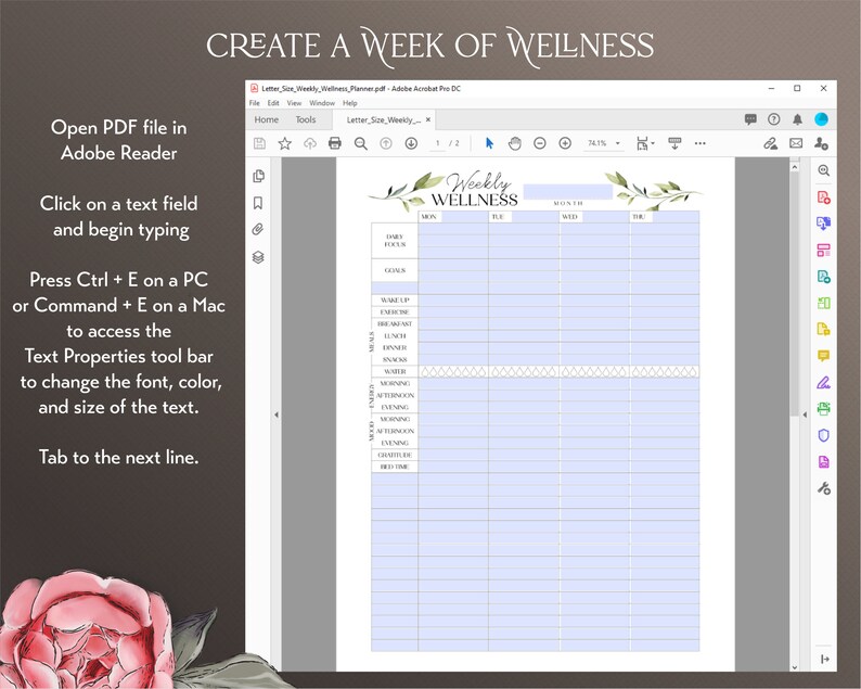 Weekly Wellness Editable Tracker Printable Planner Insert | Etsy