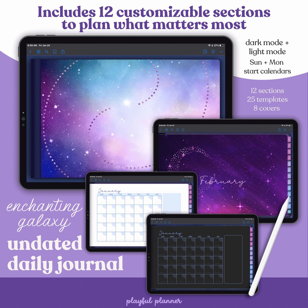 Undated Daily Digital Planner: Galaxy Theme, Dark + Light Mode - Etsy