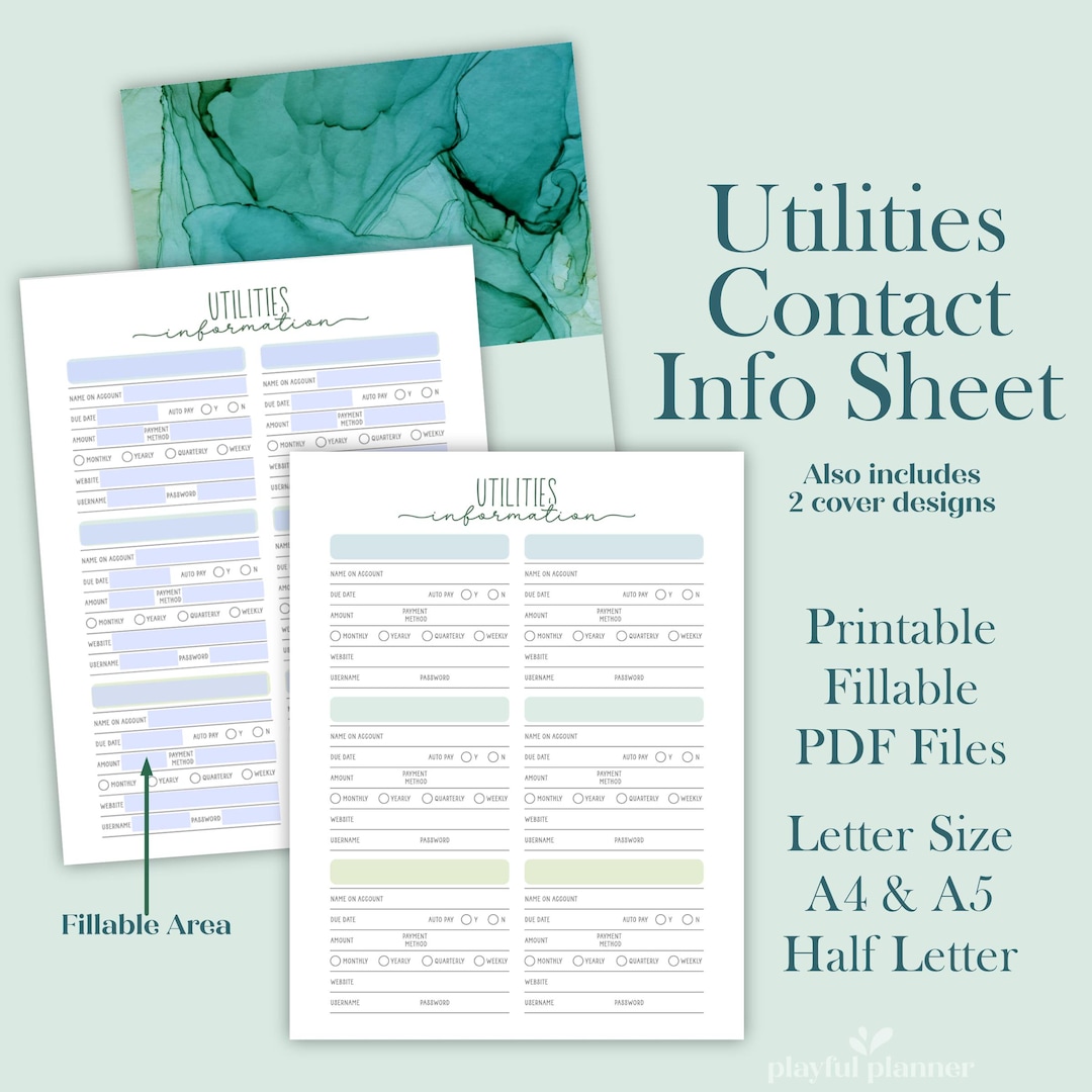 Printable Utilities Contact Info Sheet: Fillable PDF (A4, A5, Letter ...