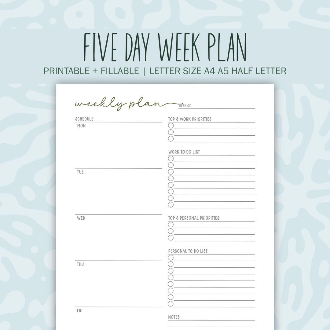 Five Day Week Plan Printable Fillable PDF Teacher Planner Office Agenda ...