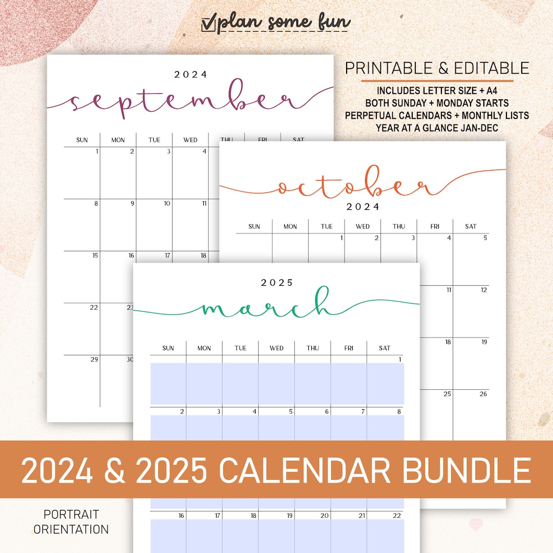 2024 2025 Calendar Bundle Printable Editable Portrait Monthly Calendars ...