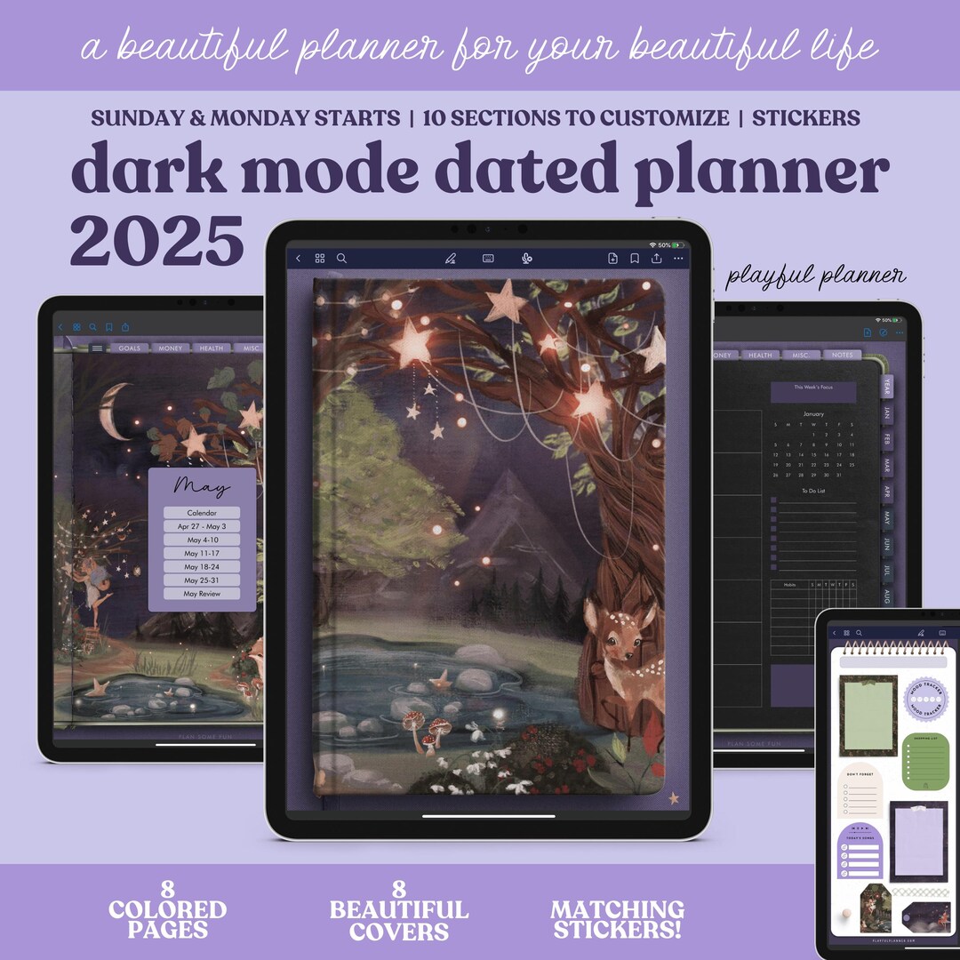 2025 Dark Mode Digital Planner: Goodnotes Sidecar Sticker Notebook (PDF ...