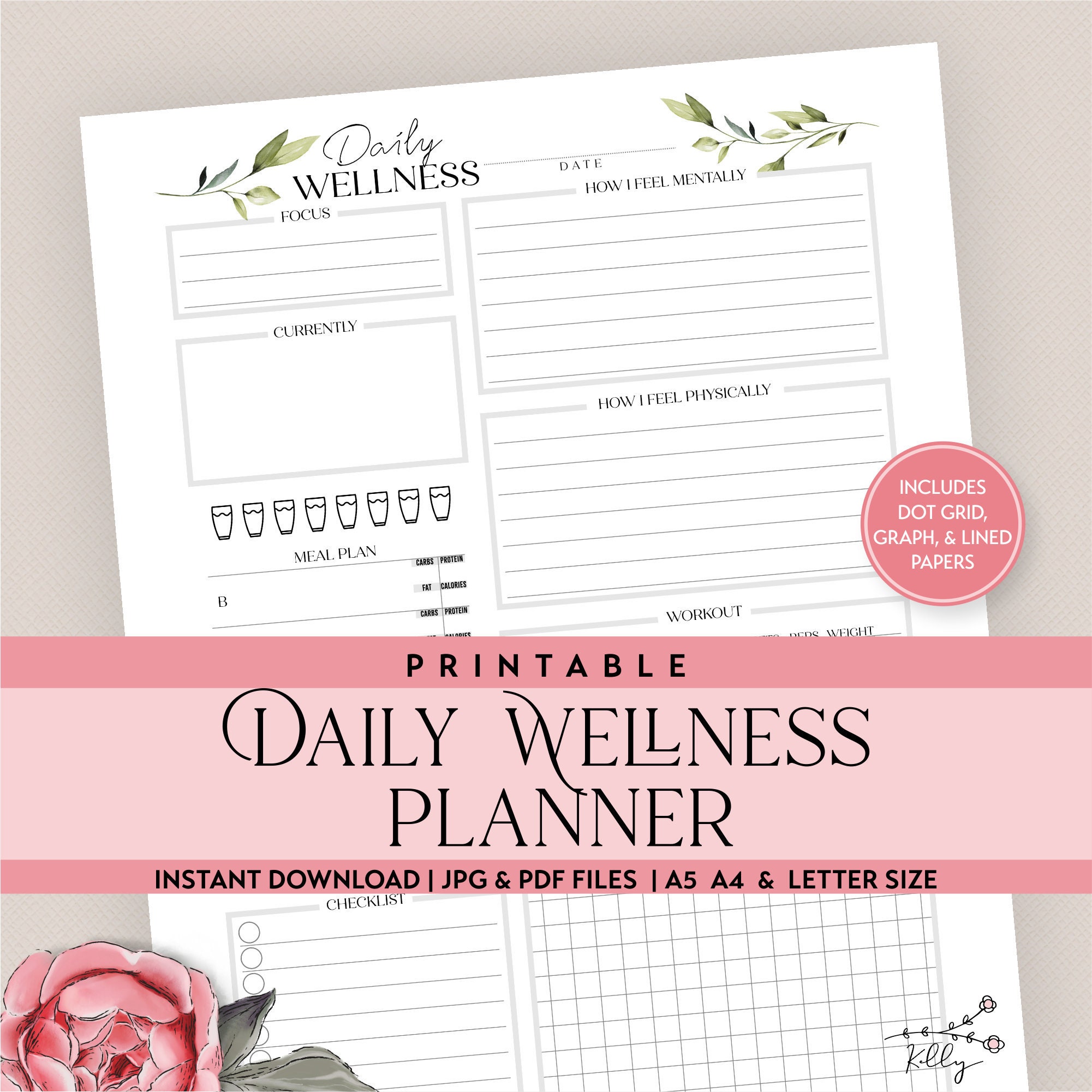 Printable Daily Wellness Self Care Planner Insert Includes in | Etsy