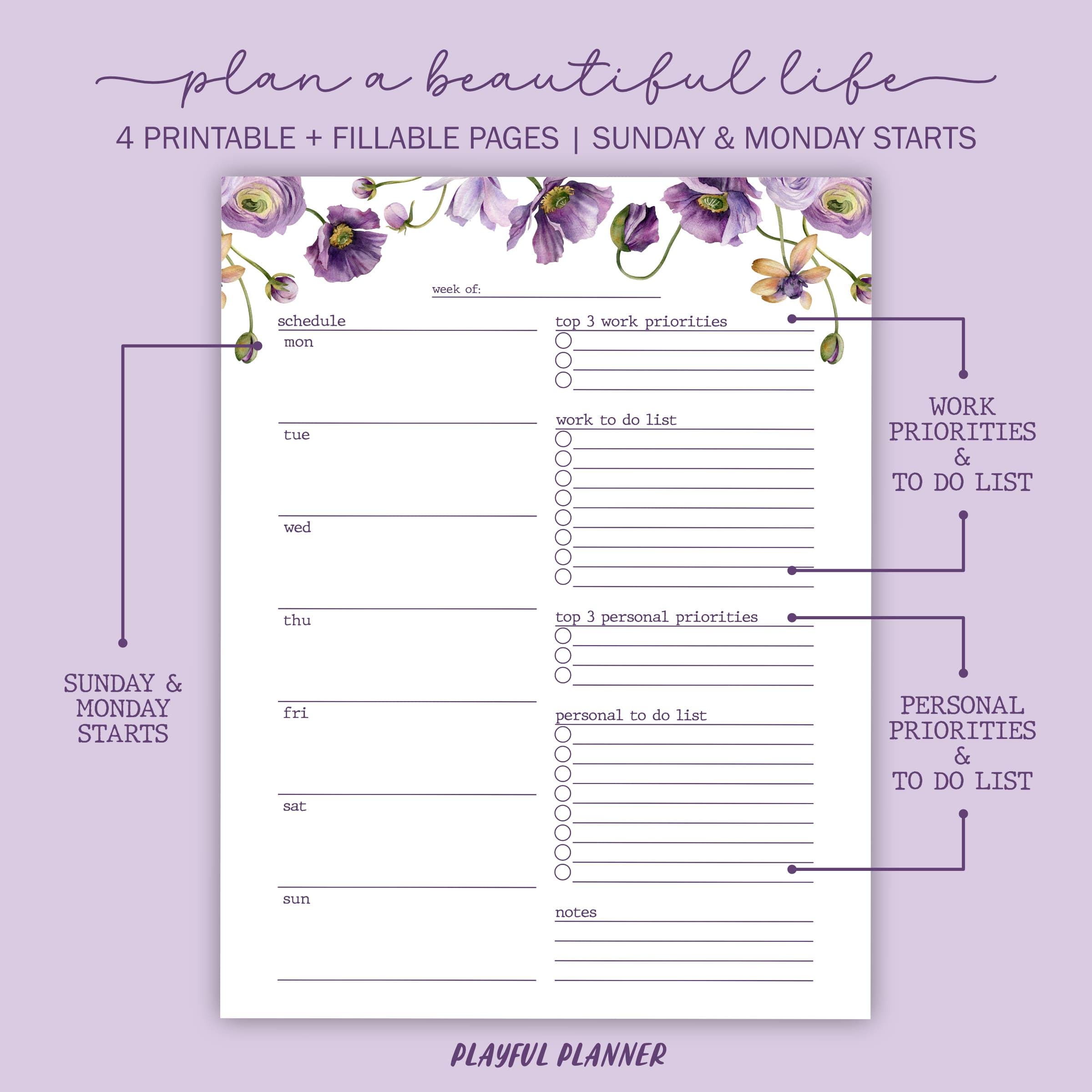 Fillable Weekly Planner Printable: Undated Work Schedule, A4 A5 Letter ...