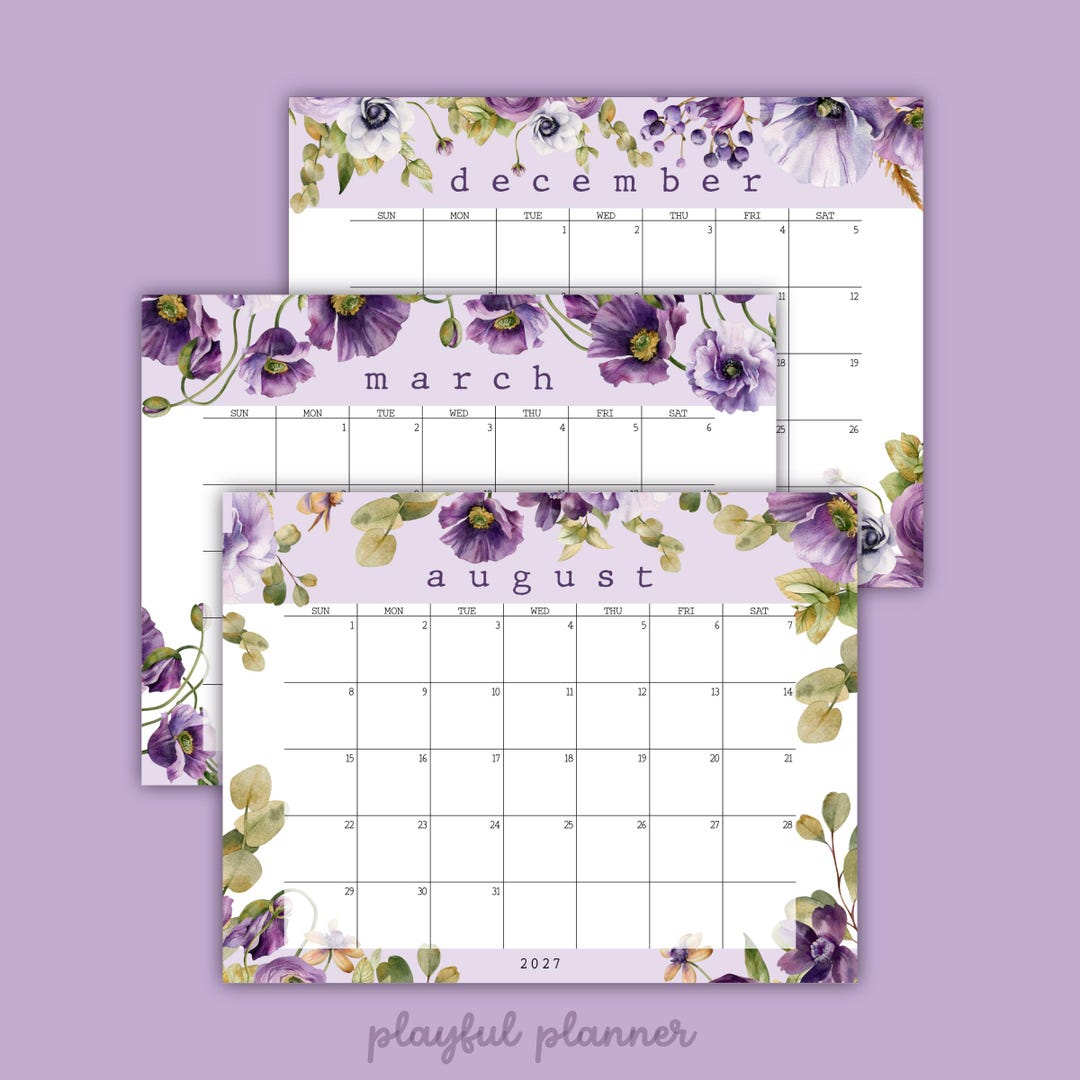Printable 2026-2027 Purple Floral Calendar Landscape Orientation - Etsy