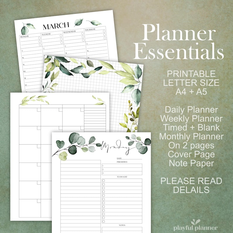 Botanical Planner Printable Bundle: Daily, Weekly, Monthly (editable ...