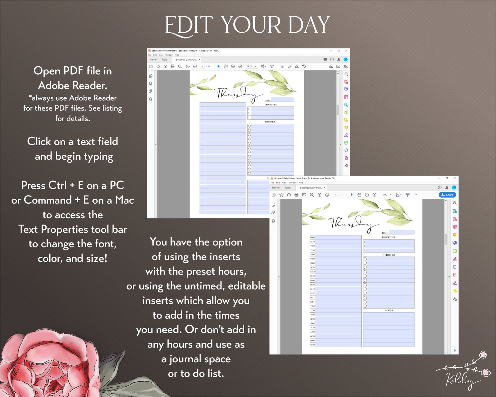 Botanical Daily Planner Bundle: Timed & Untimed, A4 A5 Letter (editable ...