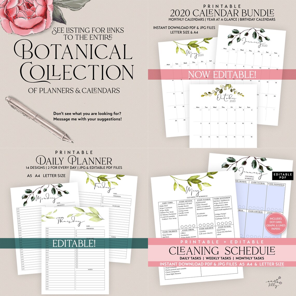 Editable Undated Monthly Calendar With 12 Botanical Designs - Etsy
