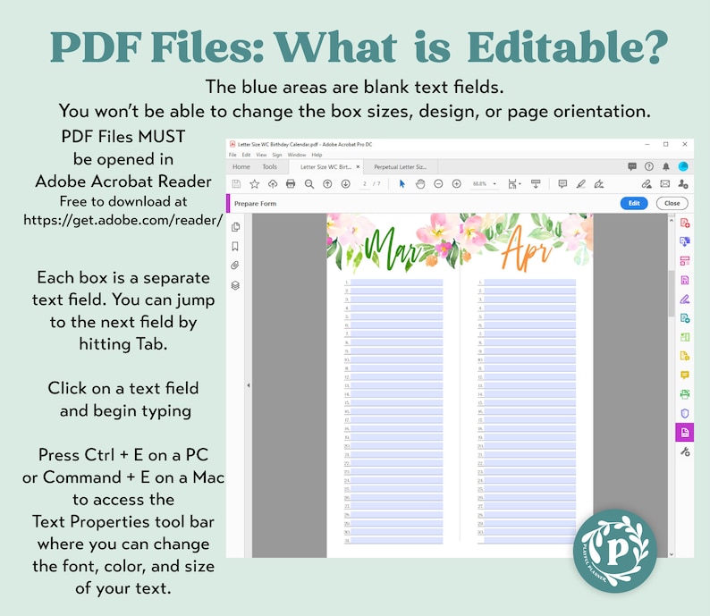 Printable Perpetual Calendar Editable Text Fields Birthday | Etsy
