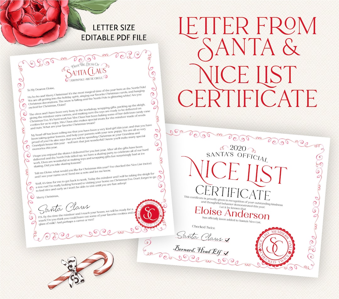 Printable Santa Letter & Nice List Certificate: Editable PDF - Etsy