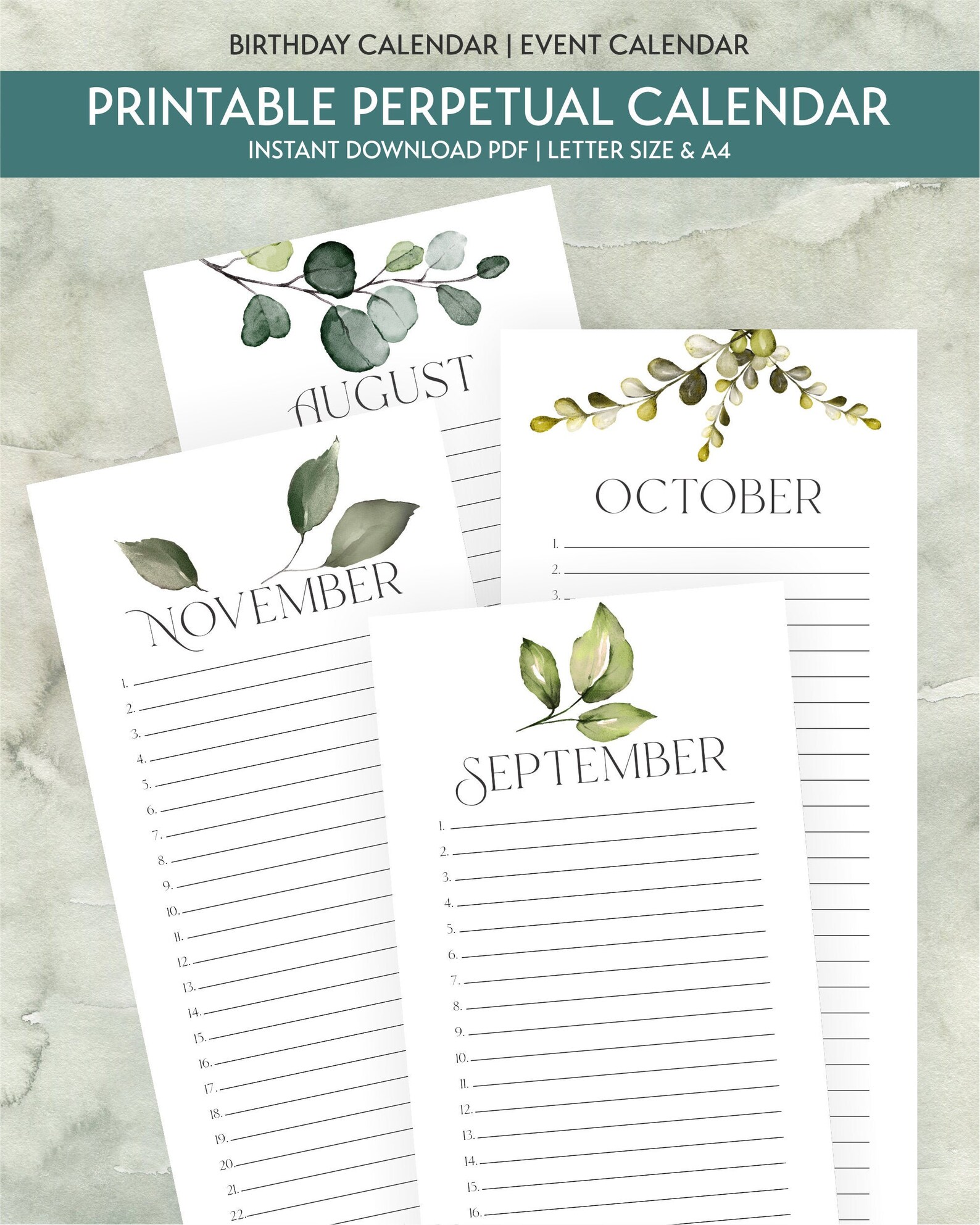 Editable Botanical Printable Perpetual Calendar Watercolor | Etsy Canada